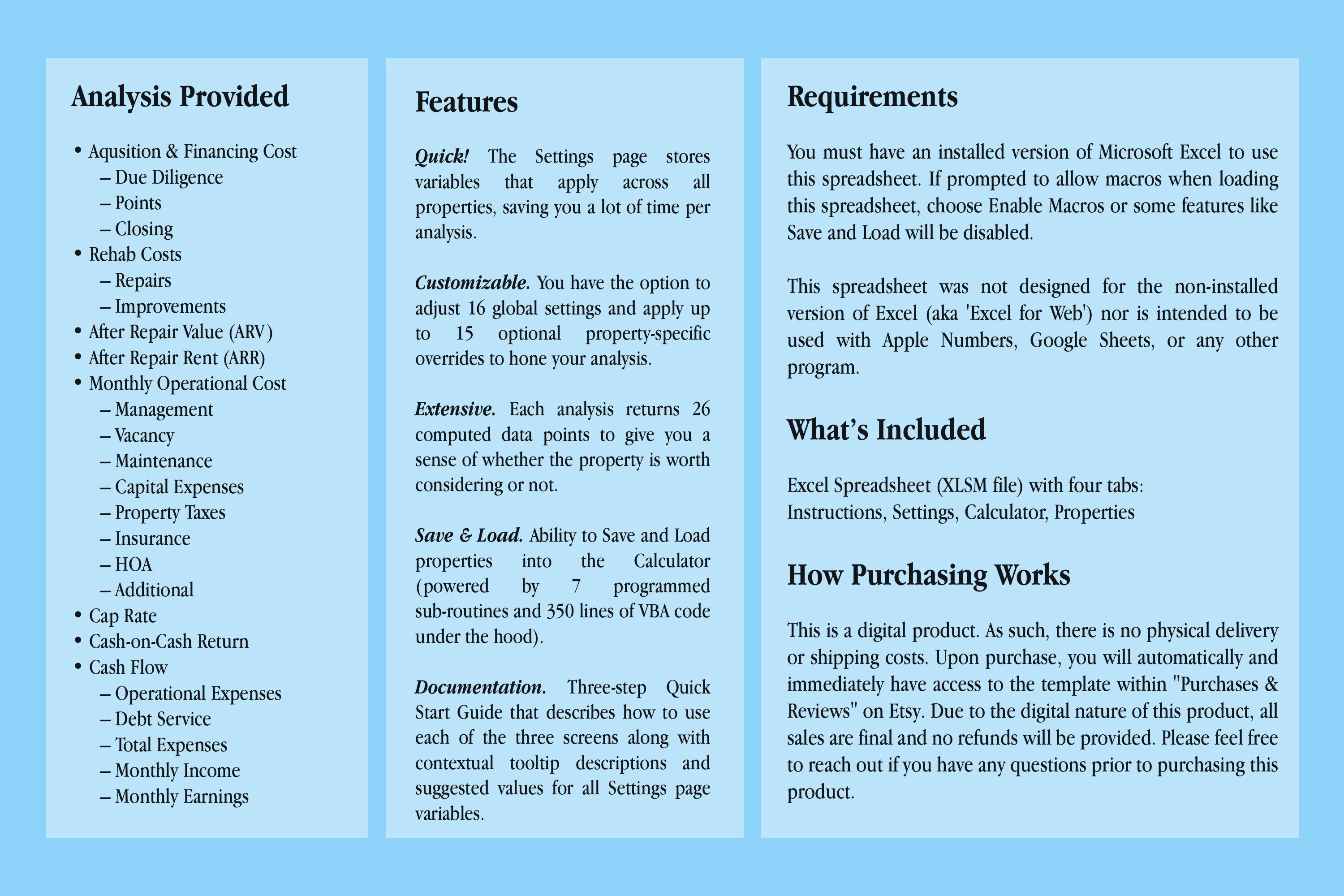 Rental Property Quick Analysis Tool: Excel Spreadsheet Calculator ...