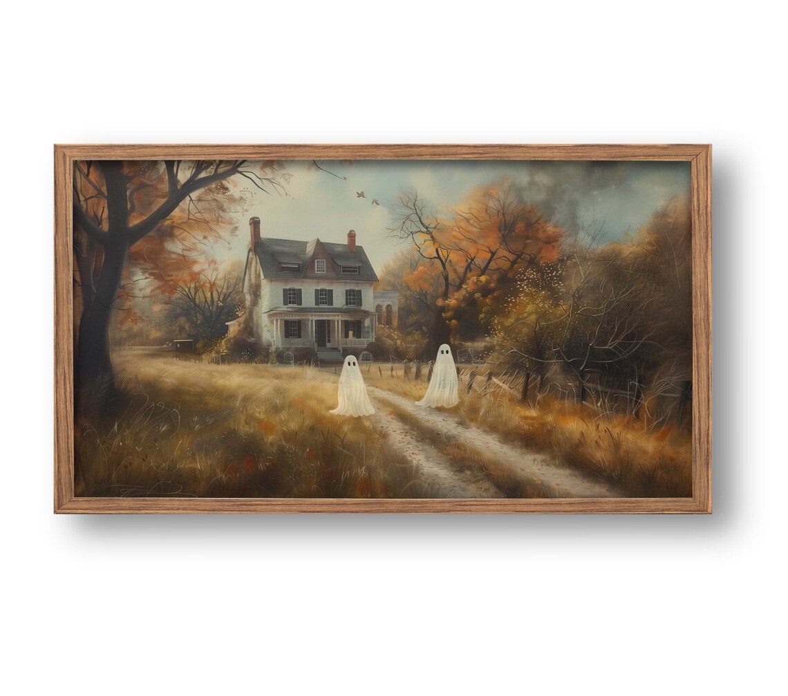 Vintage Autumn Landscape Ghost Painting, Frame Tv Art Fall Decor, Cute ...