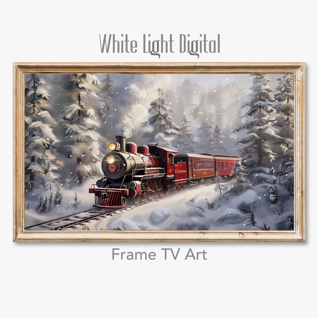 Vintage Christmas Train Painting Frame Tv Art, Snowy Forest Landscape ...