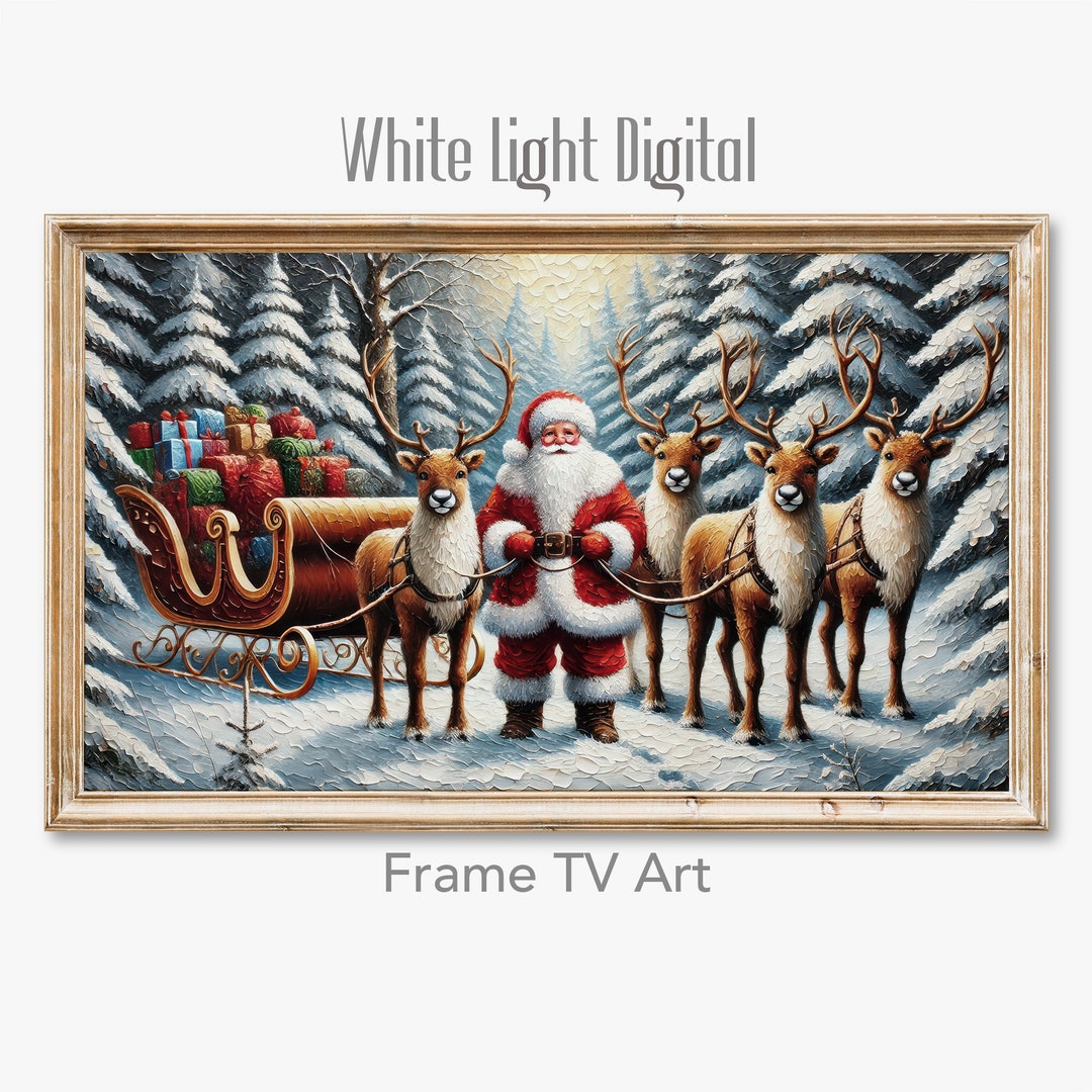 Santa Claus Sleigh and Reindeer Decor, Christmas Painting, Winter Frame ...