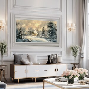 Vintage Christmas Landscape Painting Art for Tv Frame, Snowy Christmas ...