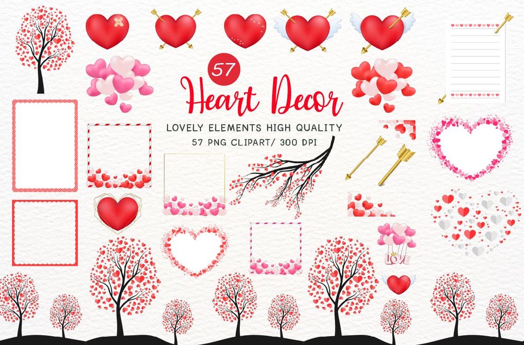 Valentine Heart Clipart Bundle, Cute Love Decor PNG, Romantic Digital ...