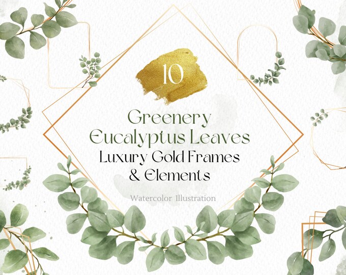 Luxury Greenery Eucalyptus Watercolor Frame PNG, Gold Green Leaves ...