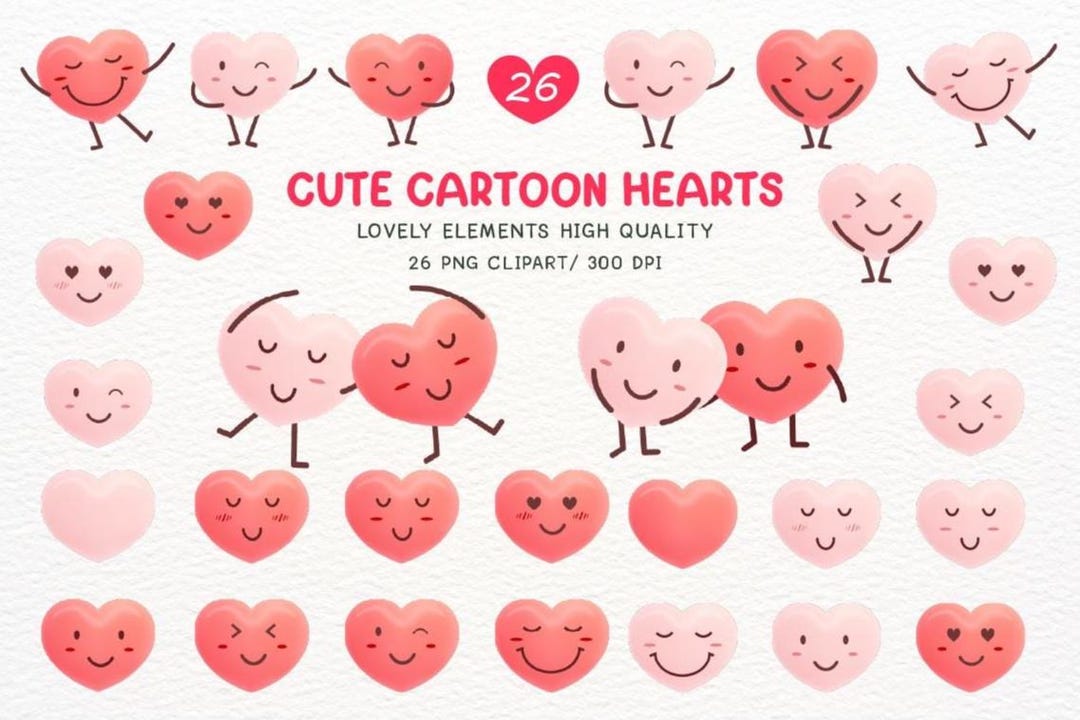 Cute Cartoon Heart Clipart PNG, Valentines Kawaii Heart Faces, Love ...