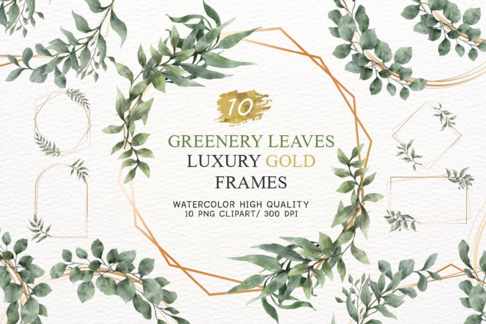 Greenery Leaves Watercolor Frame, Luxury Gold Greenery Watercolor ...