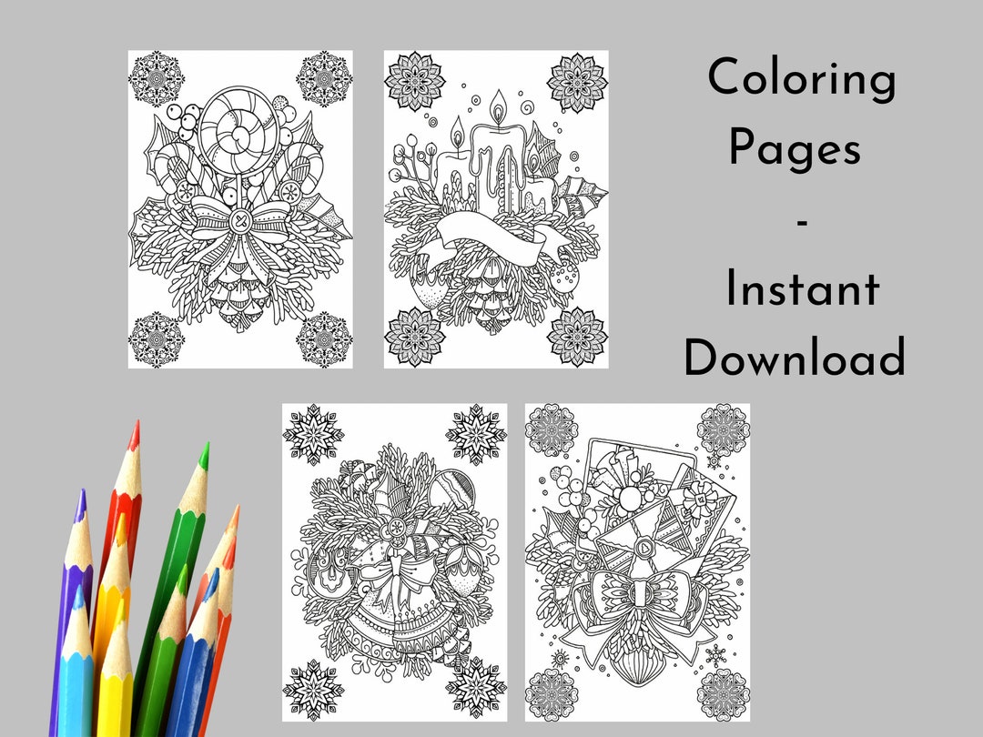 4 Printable Christmas Themed Coloring Pages for Adults and - Etsy