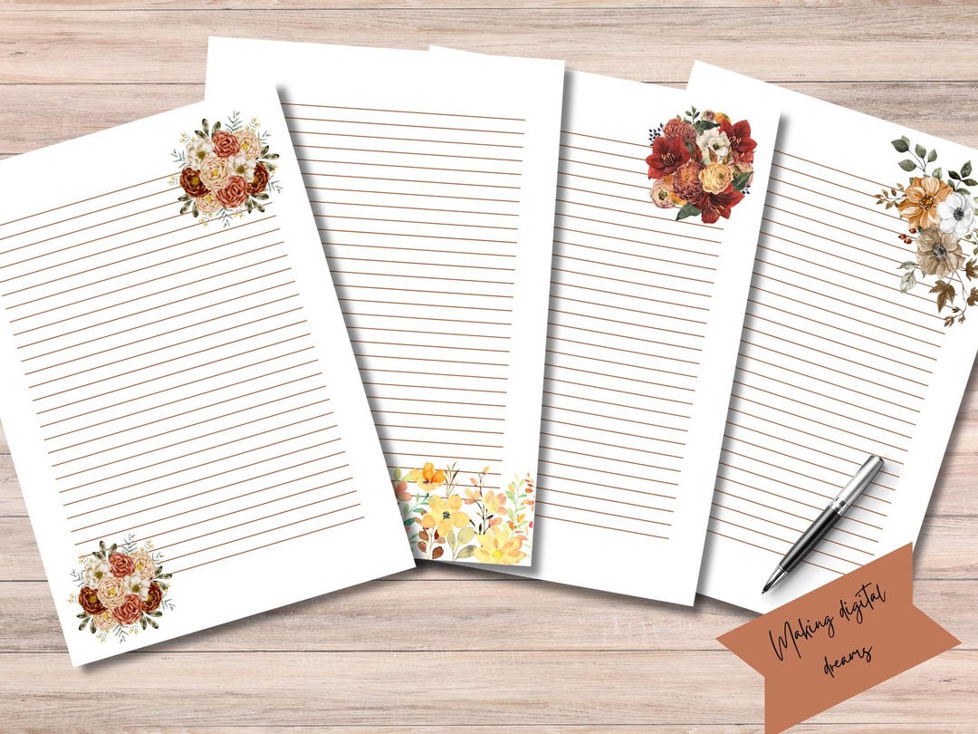 Printable Writing Paper Brown Flowers Bouquet Lined Pages Stationery ...