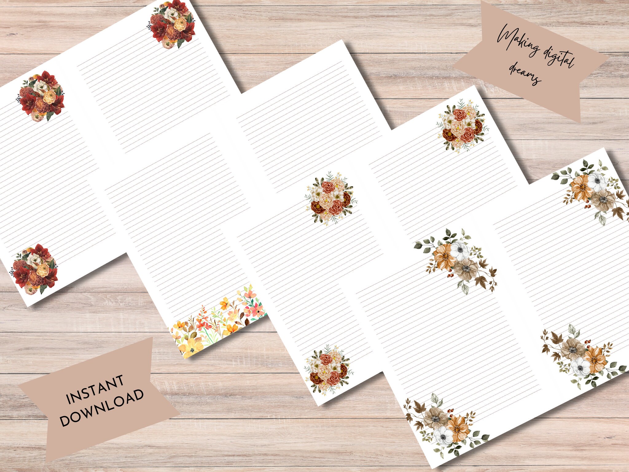 Printable Floral Writing Paper Lined Journal Page Stationery Notebook ...