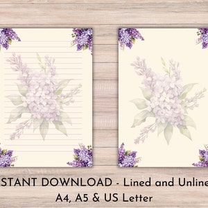 Floral Writing Paper: Watercolor Lilac Stationery, Lined & Unlined ...