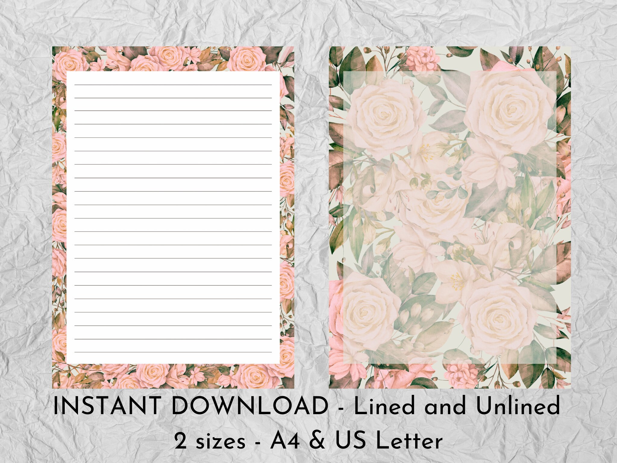Watercolor Roses Themed Printable Writing Paper A4 US Letter Size ...