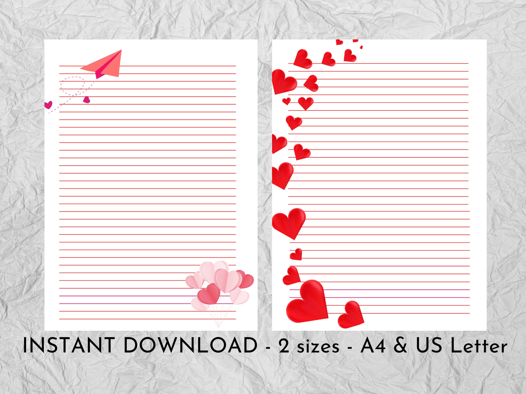 Valentines Day Printable Writing Paper Hearts Love A4 US Letter Instant ...