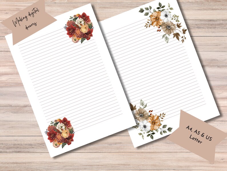 Printable Floral Writing Paper Lined Journal Page Stationery Notebook ...