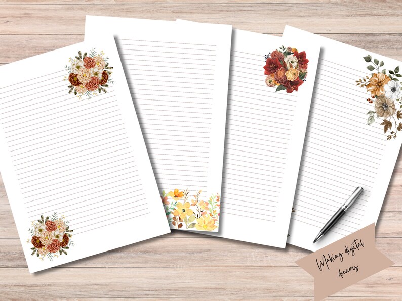 Printable Floral Writing Paper Lined Journal Page Stationery Notebook ...