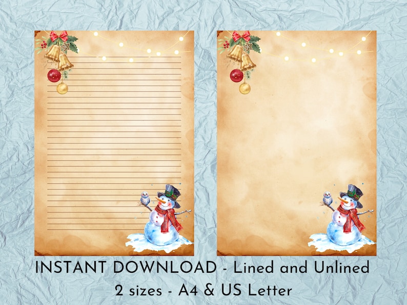 Printable Writing Paper Winter Snowman Vintage Christmas Bells ...
