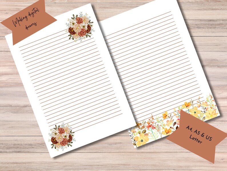 Printable Writing Paper Brown Flowers Bouquet Lined Pages Stationery ...