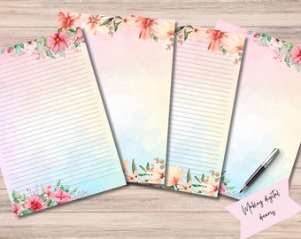 Printable Floral Writing Paper Lined Journal Page Stationery Notebook ...