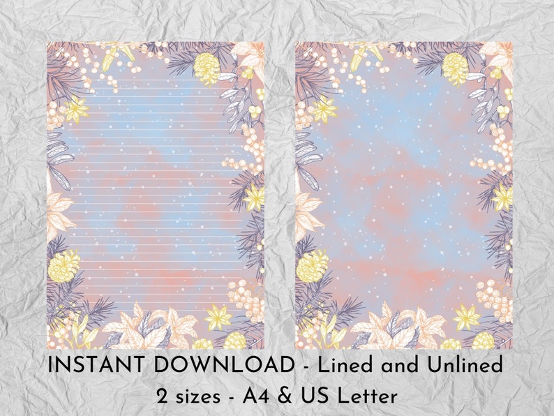 Winter Printable Writing Paper Festive Snowflakes Pine Tree Cone ...