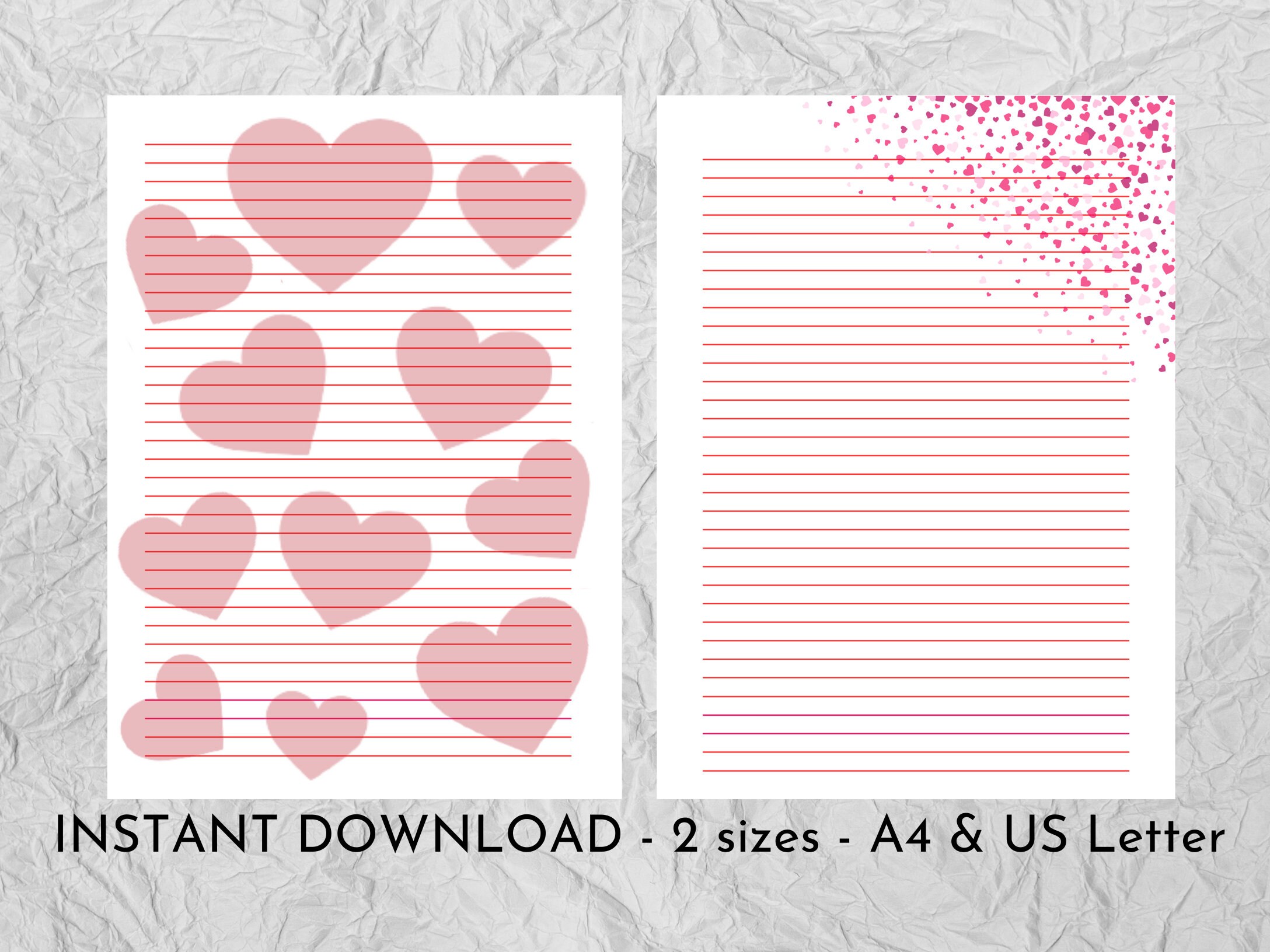 Valentines Day Printable Writing Paper Hearts Love A4 US Letter Instant ...