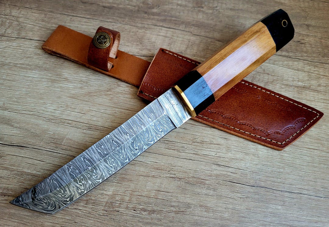 Samurai Hunting Damascus Knife TANTO 27,5 Cm With Leather Sheath ...