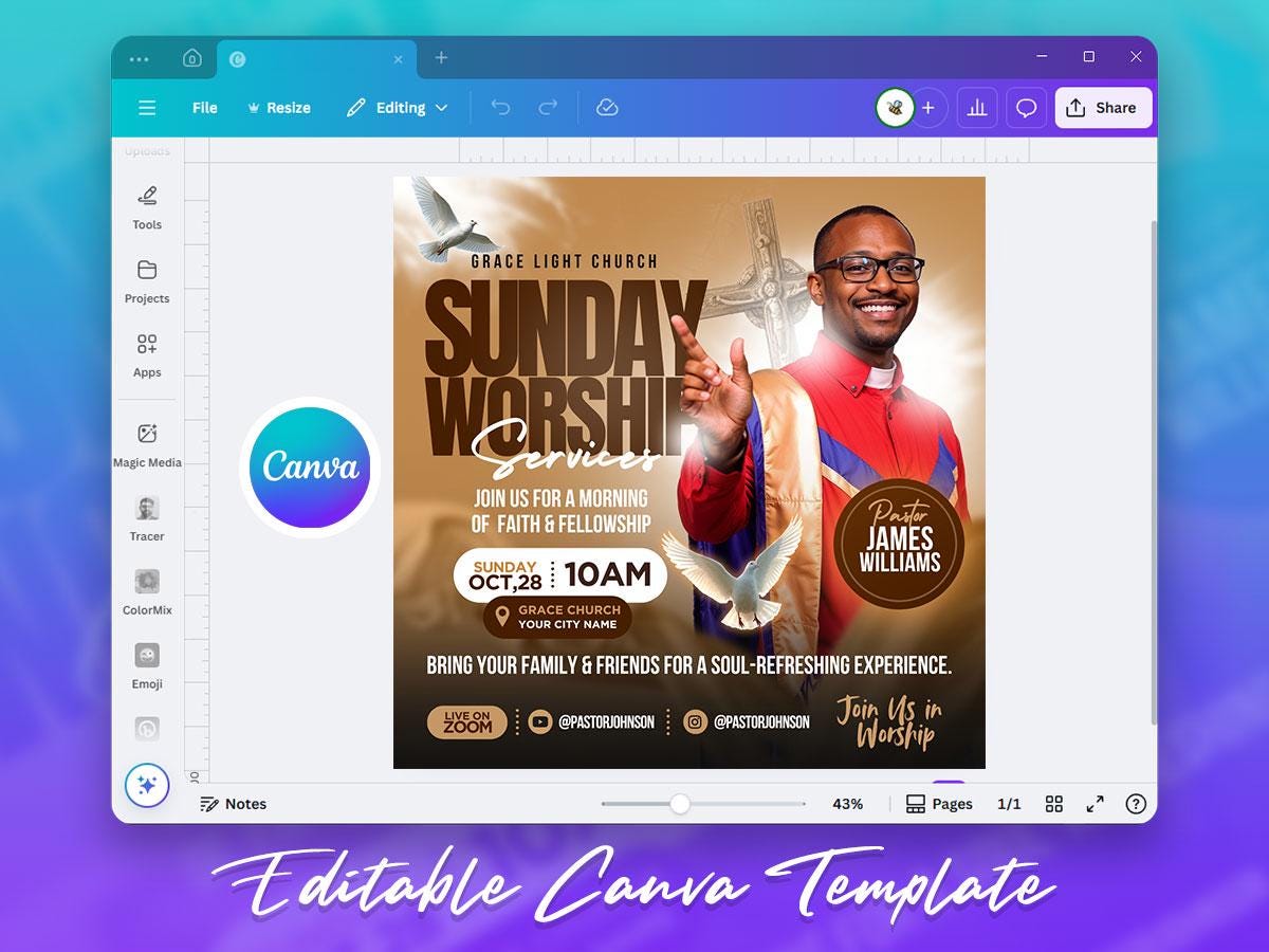 Editable Sunday Worship Flyer Canva Template, Church Service Invitation ...