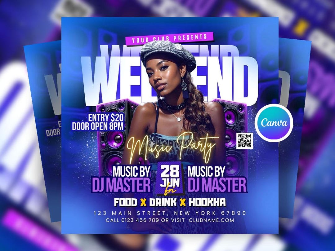 Editable Weekend Club Party Flyer Canva Template , DIY Party Canva ...