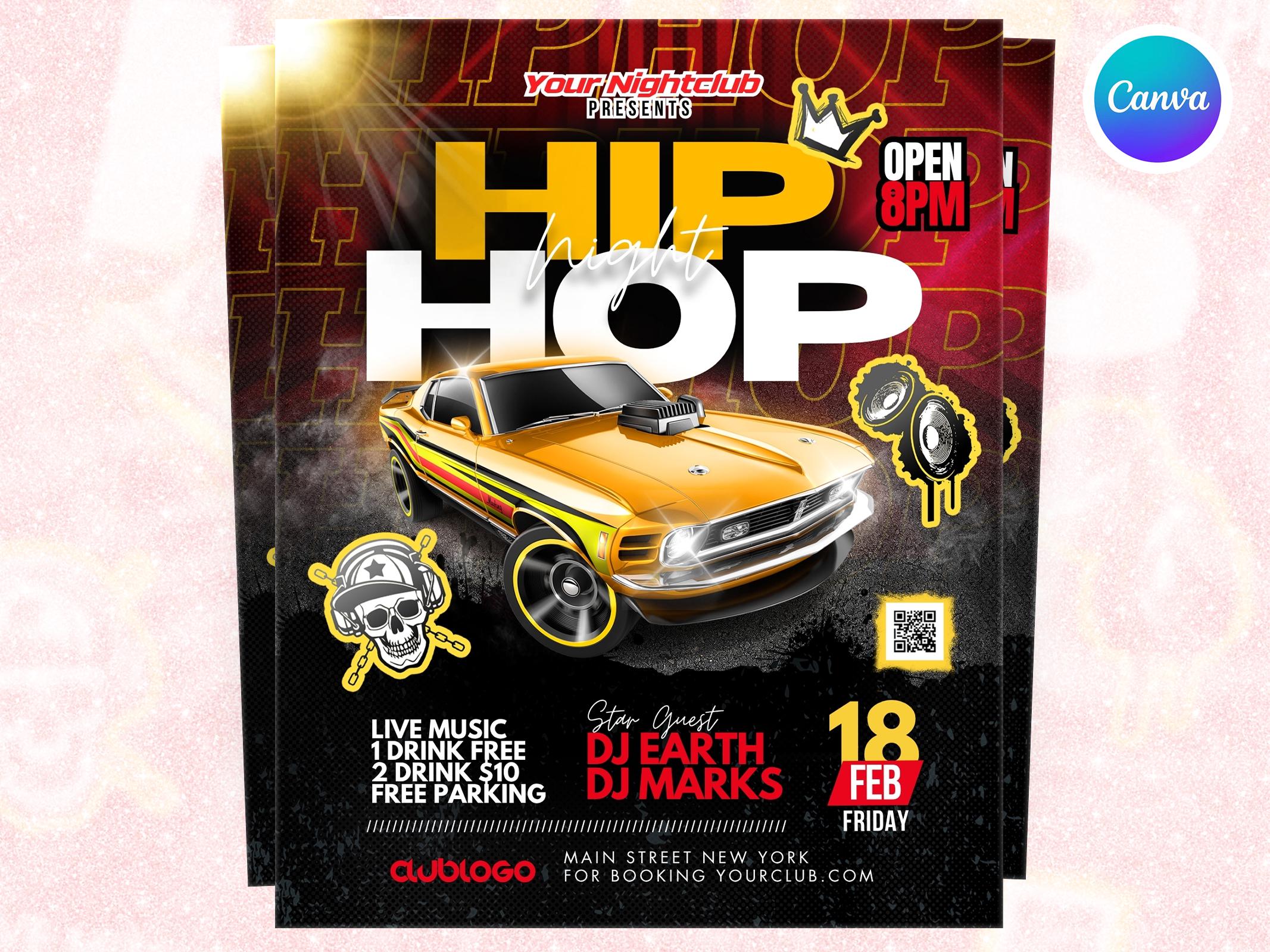 Editable Hip Hop Night Club Party Flyer Canva Template, Urban DJ Music ...