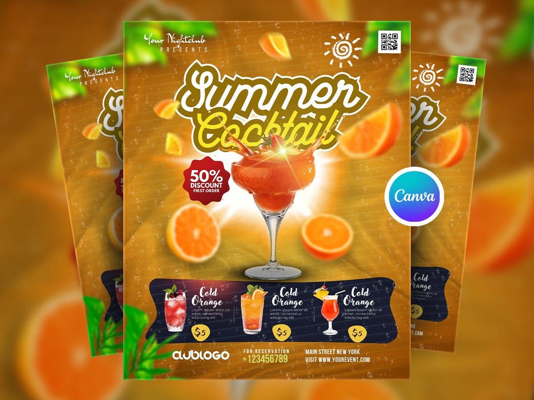 Editable Summer Cocktail Menu Flyer Canva Template, Tropical Bar Drink ...