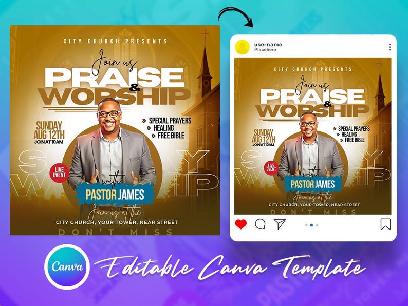 Editable Church Worship Flyer Canva Template, Sunday Service Canva ...