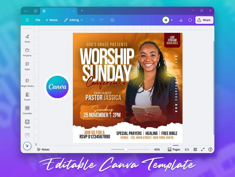 Editable Church Worship Flyer Canva, Worship Sunday Church Flyer ...