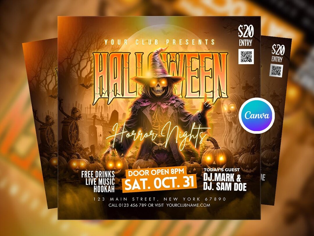Editable Halloween Horror Night Party Flyer Canva Template, Spooky ...