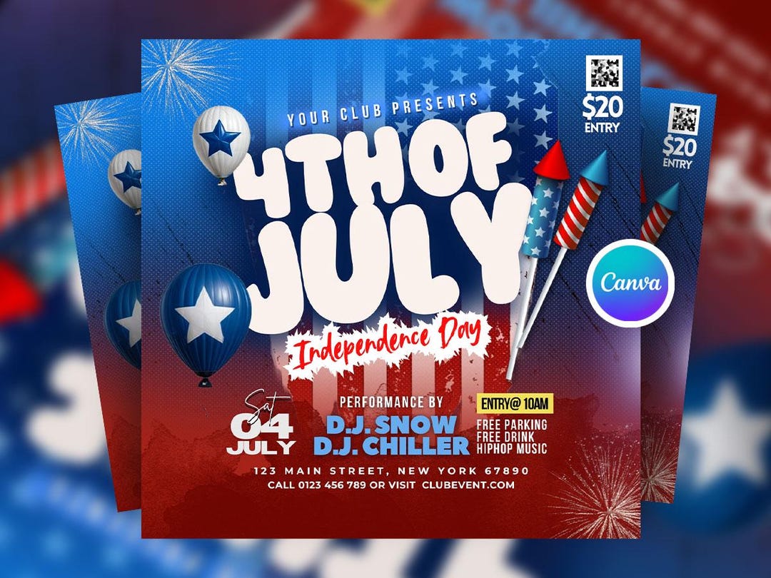 Editable 4th of July Independence Day Party Flyer Canva, USA ...