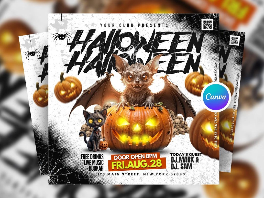 Editable Halloween Night Party Flyer Canva Template, Spooky Social ...