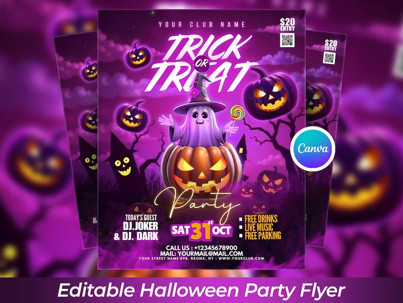 Editable Halloween Trick or Treat Flyer Canva Template, Kids Halloween ...