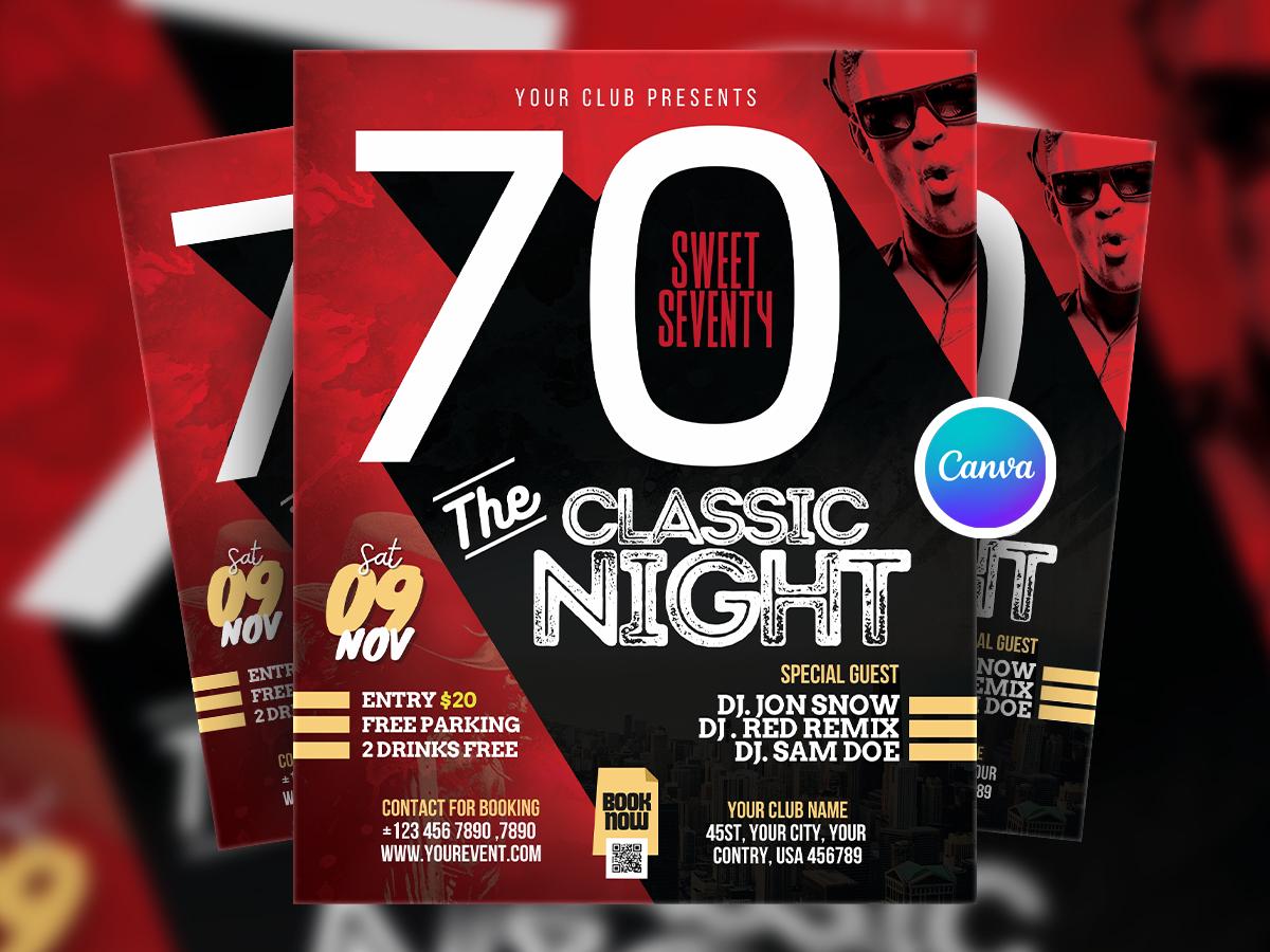Editable Classic Retro Night Club Party Flyer Canva Template, 70s 80s ...