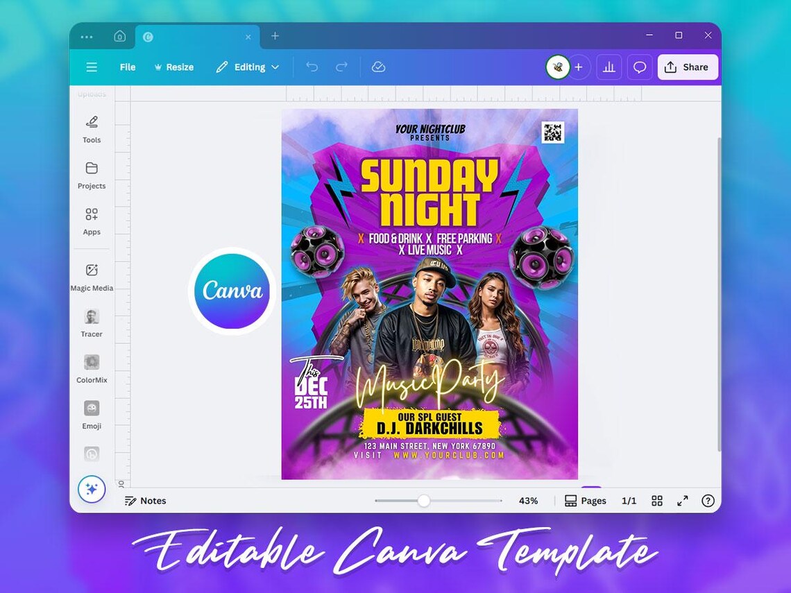 Sunday Night Music Party Flyer Canva Template, Editable DJ Event Flyer ...