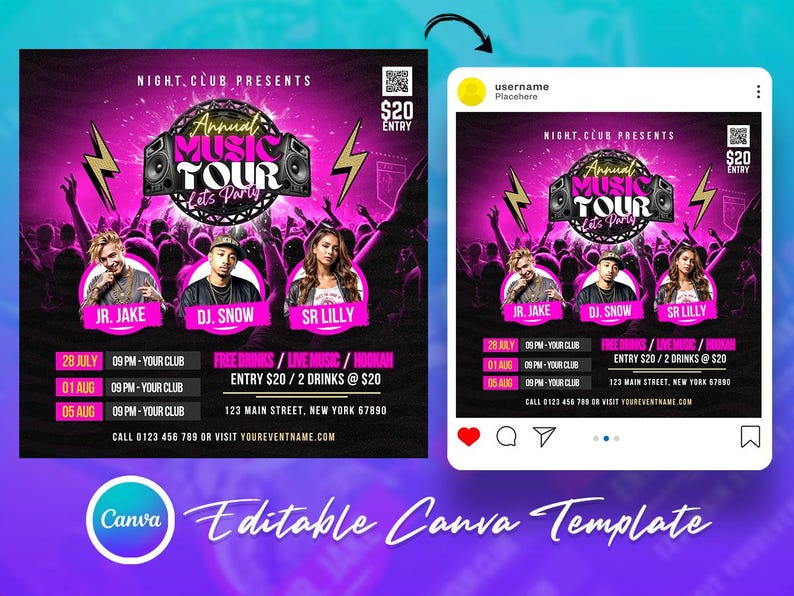 Editable Music Tour Concert Flyer Canva Template, Social Media Flyer ...