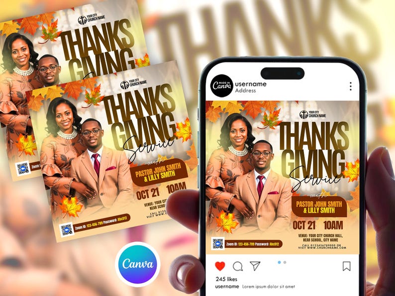 Editable Thanksgiving Church Flyer Canva Template, Fall Worship Service ...