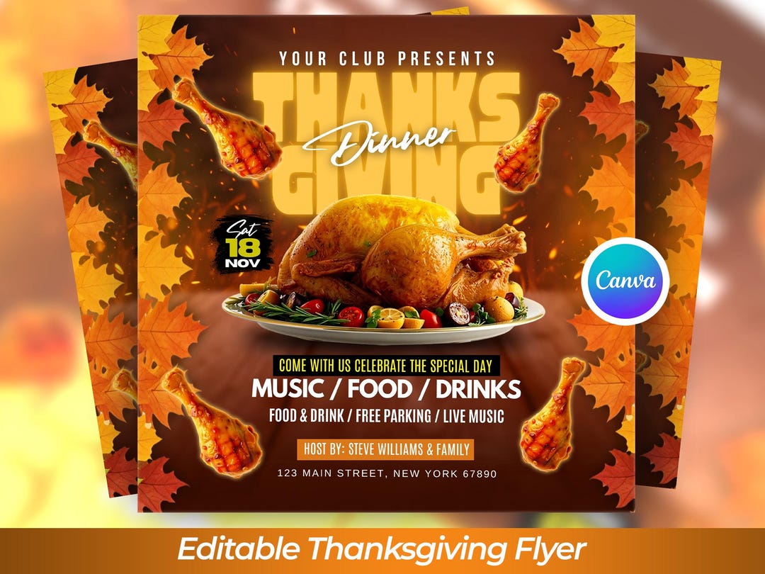 Editable Thanksgiving Dinner Invitation Flyer Canva Template, Fall ...