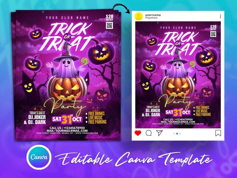 Editable Halloween Trick or Treat Flyer Canva Template, Kids Halloween ...