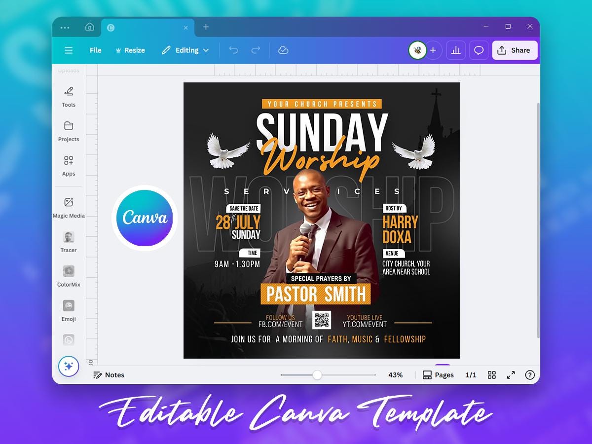 Editable Church Special Sunday Service Flyer Canva Template, Religious ...