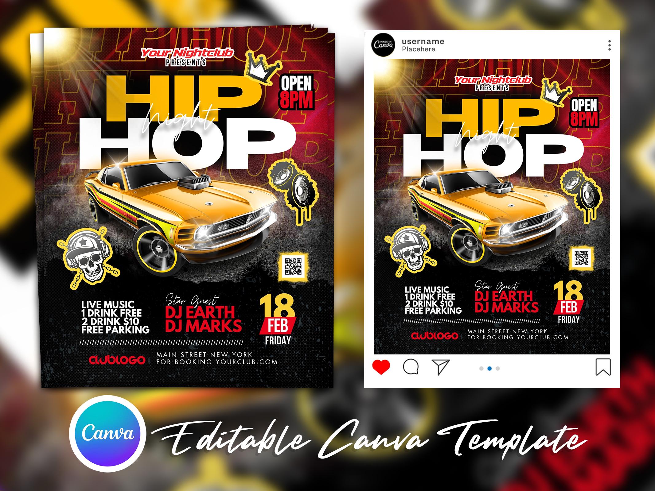 Editable Hip Hop Night Club Party Flyer Canva Template, Urban DJ Music ...