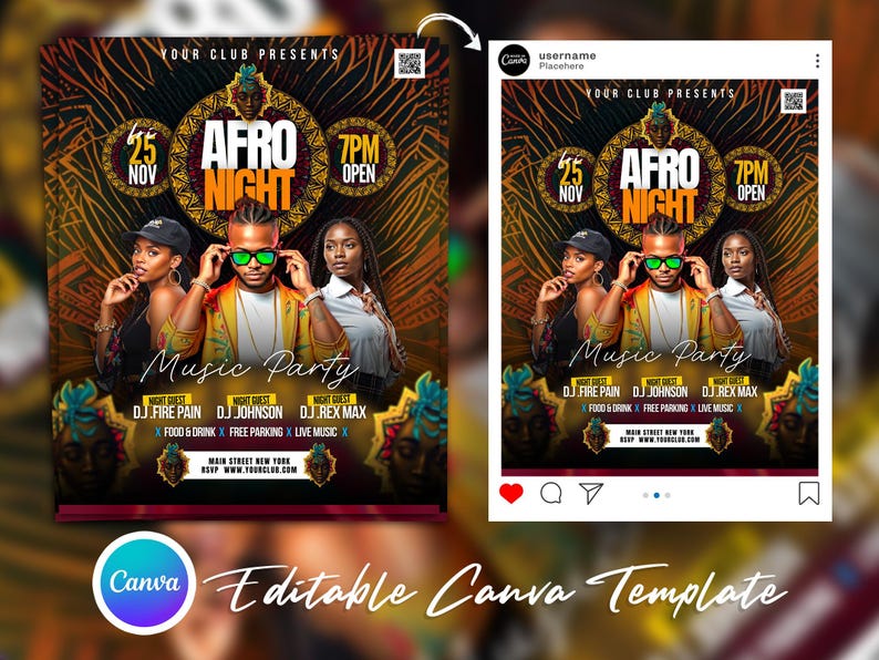 Editable Afro Night Party Social Media Flyer Canva Template, African ...