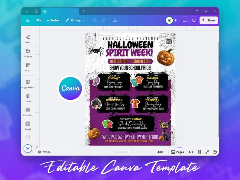 Editable Halloween Spirit Week Flyer Canva Template, School Spirit Week ...