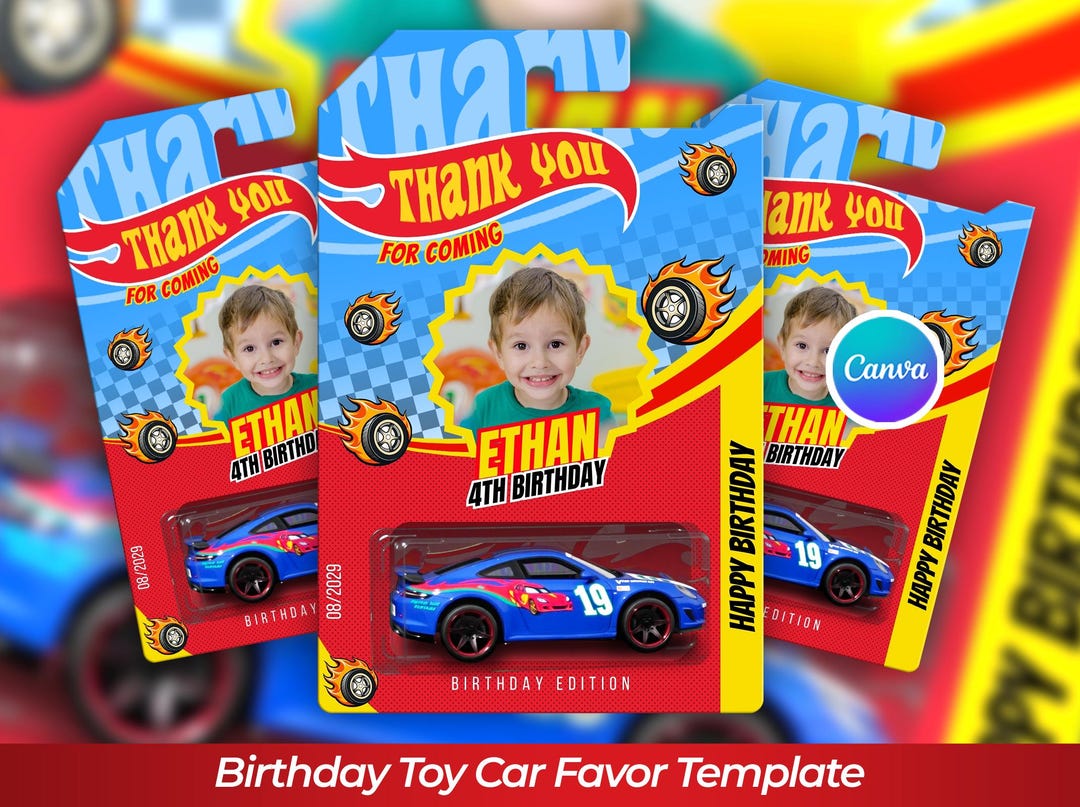 Editable Birthday Car Toy Favor Canva Template, Kids Race Car Party ...