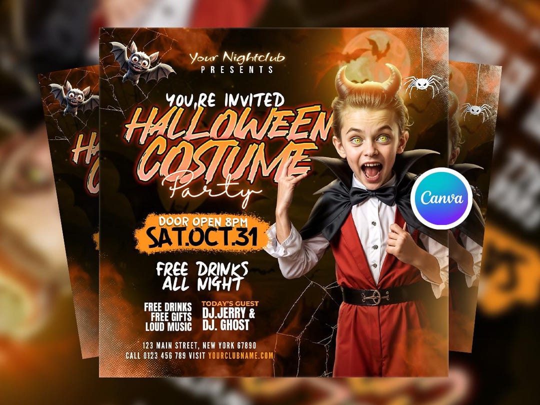 Editable Halloween Costumes Kids Party Flyer Canva Template, Cute ...