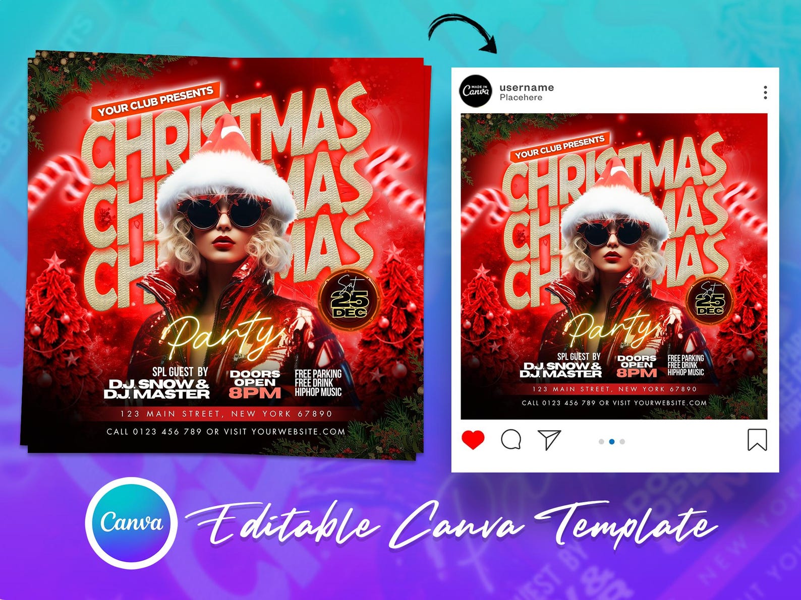 Editable Christmas Party Flyer Canva, Club Night Holiday Event Flyer ...