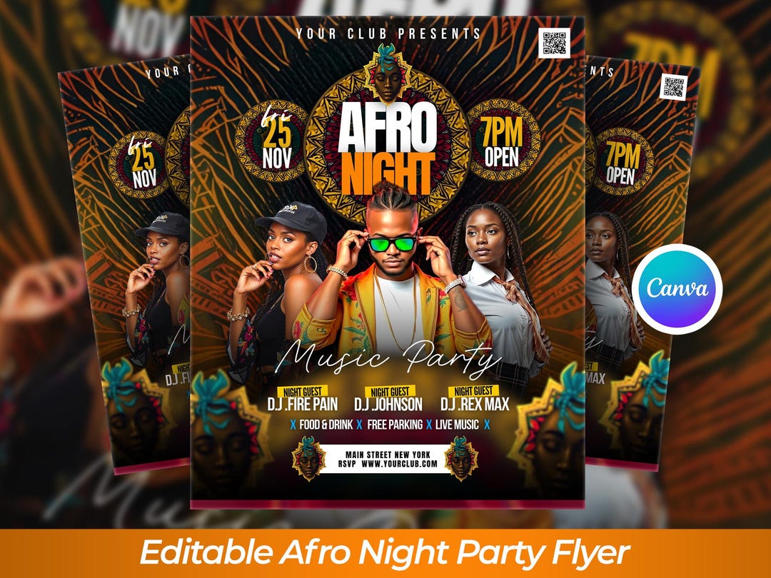Editable Afro Night Party Social Media Flyer Canva Template, African ...