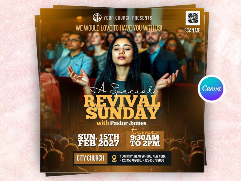 Editable Church Revival Sunday Flyer Canva, Christian Worship Service ...