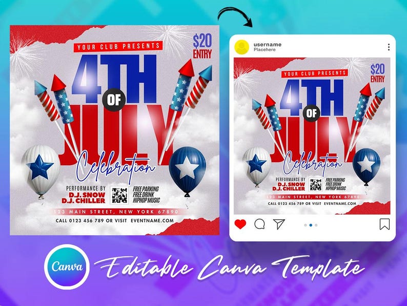 Editable 4th of July Independence Day Social Media Flyer Canva Template ...