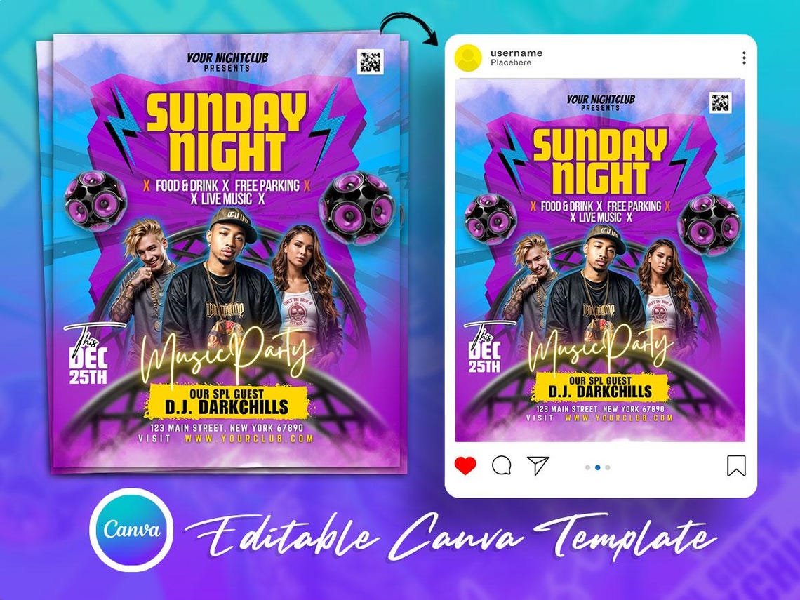 Sunday Night Music Party Flyer Canva Template, Editable DJ Event Flyer ...